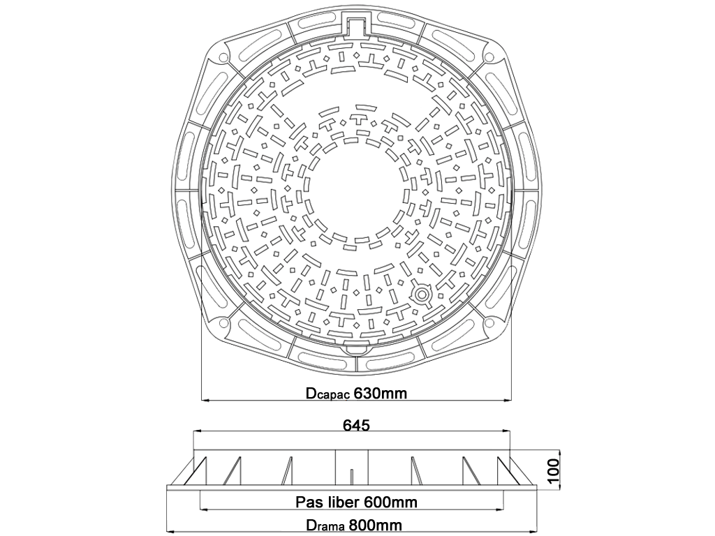 Capac fontă rotund cu ramă Dext=800mm, pas liber=600mm, H=100mm cu ...